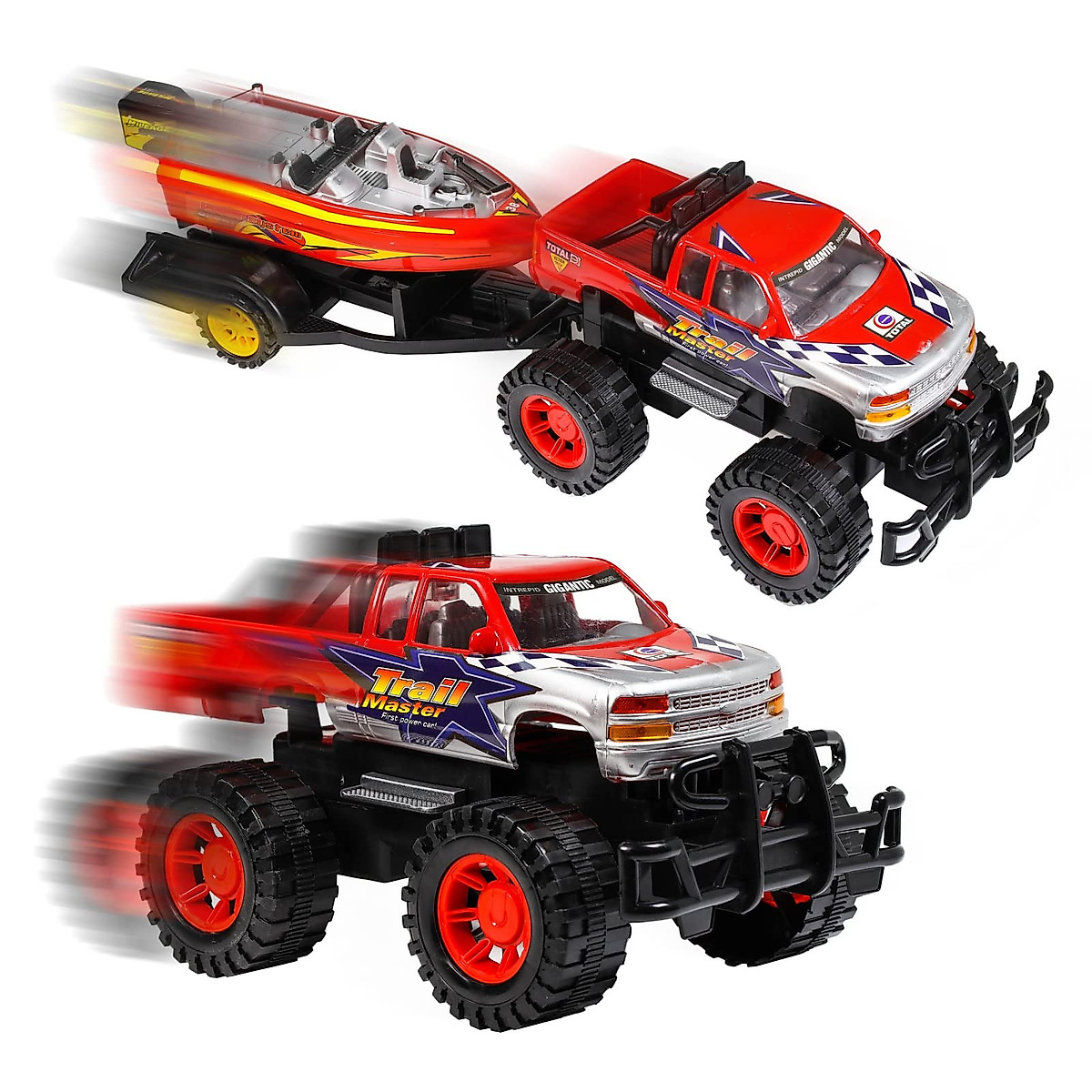 KidPlay Products Path Blazer Friction Power Monster Truck Speed Boat Hauler with Trailer