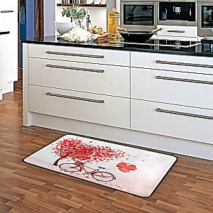 Kitchen Rugs Red Love Heart Bicycle Valentine's Day Design Non-Slip Soft Kitchen Mats Bath Rug Runner Doormats Carpet for Home Decor, 39" X 20"