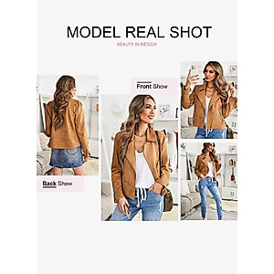 EVALESS Women's Trendy Stand Collar Faux Suede Jackets Moto Jacket Coat Brown L (MNGW85294-17-L)