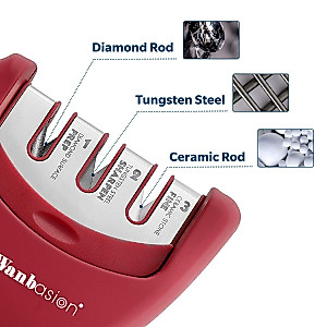 Wanbasion Red Premium Kitchen Knife Sharpener Professional 3 Stages, Kitchen Knife Sharpener Manual Sharpening, Knife Sharpener for Kitchen Knives with Stainless Steel Ceramic Diamond Blade