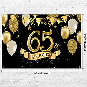 65th Birthday Black Gold Party Decoration, Large Fabric Black Gold Sign Poster for 65th Anniversary Backdrop Banner, 65th Birthday Party Supply Photo Booth Backdrop Background Banner 72.8 x 43.3 Inch