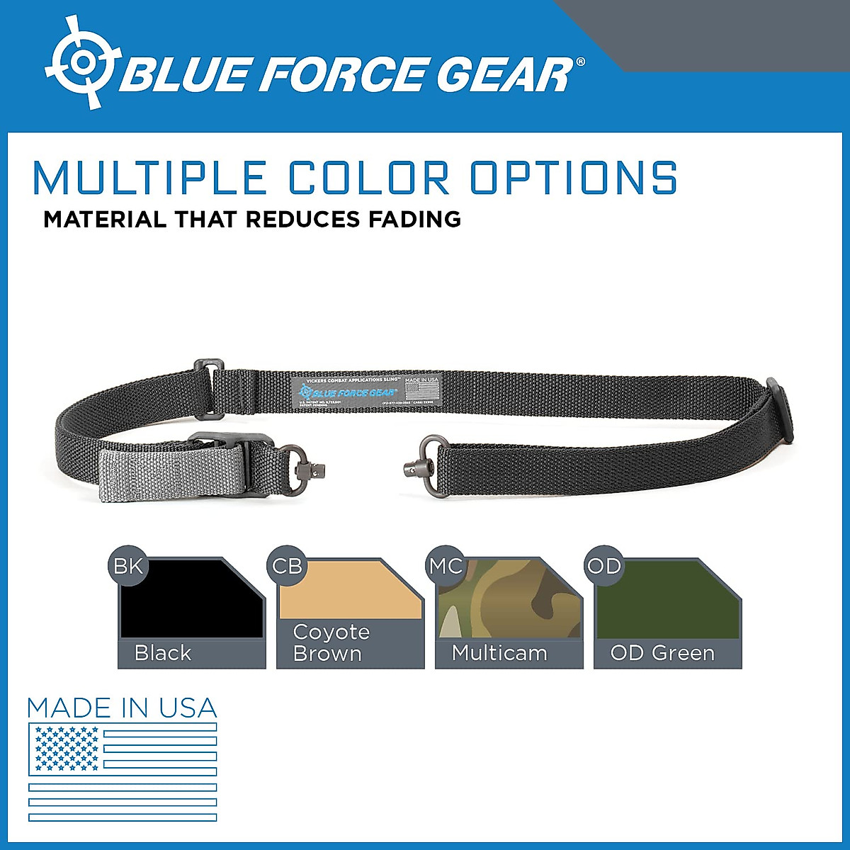 Blue Force Gear Vickers Push Button Sling | Adjusts for Carrying Positions | 2 Point Sling with QD Points | 36-62 inches (Black)