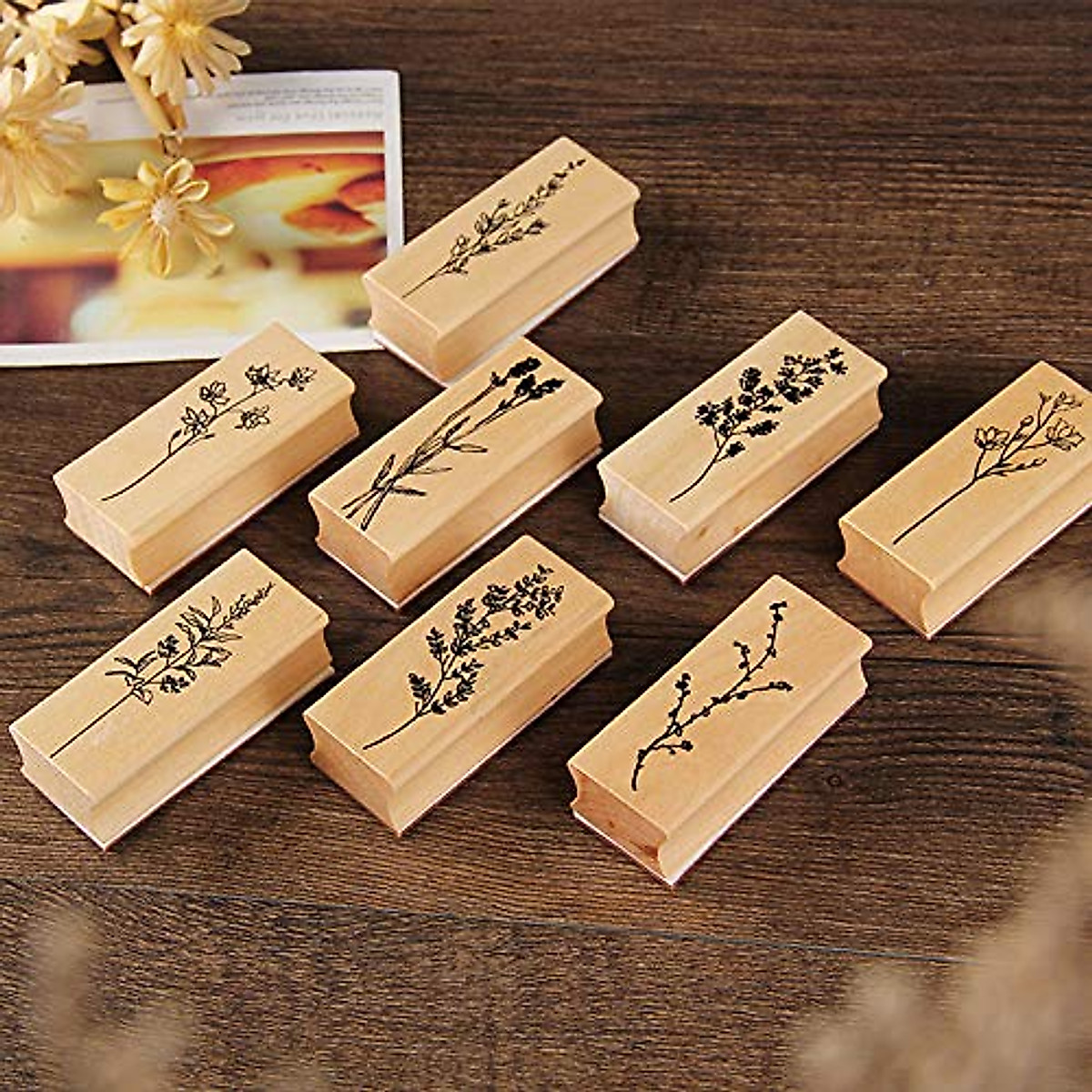 Yansanido Pack of 8 Pcs Plant and Flower Shape Wooden Rubber Stamps 2.5 Inch x 1 Inch x 0.6 Inch for DIY Craft Card and Photo Album (8Pcs Plant & Flower-02)