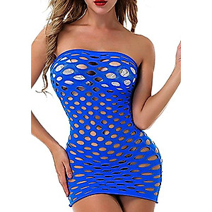 Vorifun Women Fishnet Lingerie V-Neck Sleepwear One Size One Piece Babydoll Mini Dress One Piece Blue