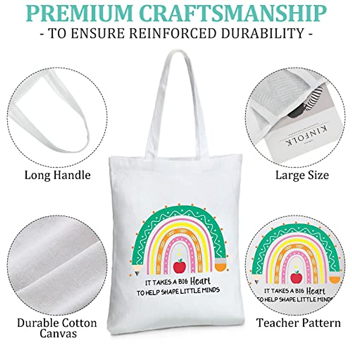 Silkfly 10 Pack Rainbow Teacher Tote Bags Gift for Christmas, Teacher's Day, End of Semester, Retirement Teacher Appreciation Gift Reusable Canvas Bags for Women 15 x 14 Inch