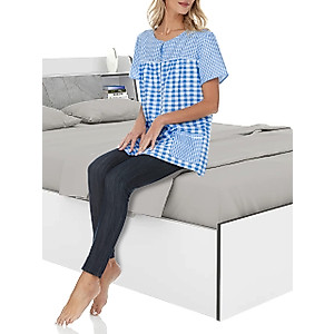 Ezi Women's Snap Front Short Sleeve Gingham Shift Seersucker Housecoat Apron Shirt Blue