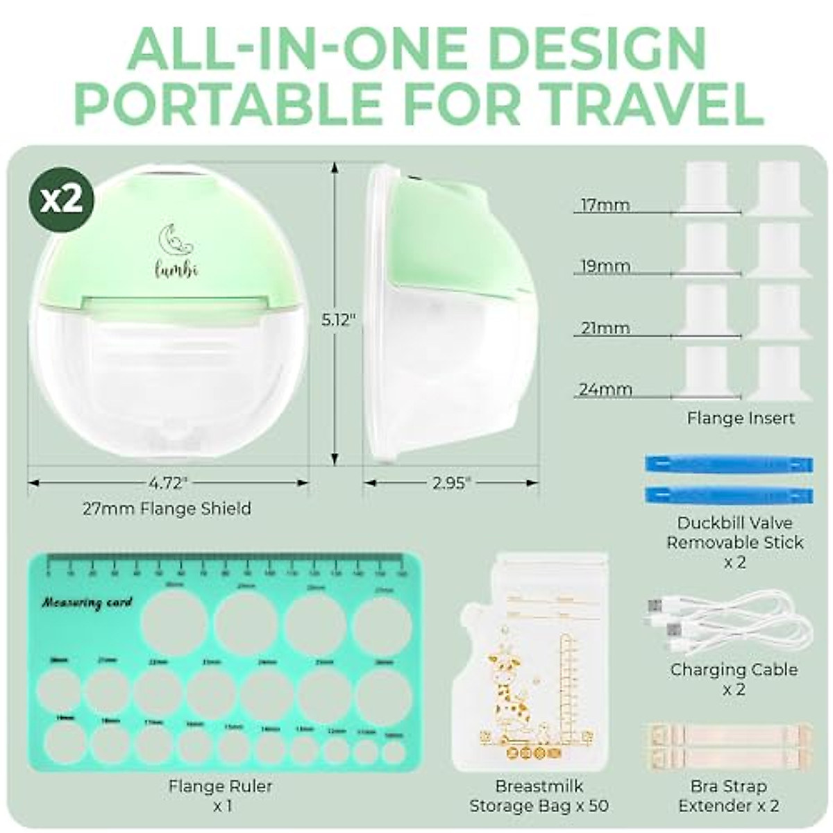 Lumbi L1 Hands-Free Breast Pump Set - Hospital Grade - 17/19/21/24 Silicone Insert Flanges & 27mm Silicon Flange, 50 Milk Bags, 3 Quiet Modes 9 Levels, LED Display, Custom Shut Off Timer, Flange Ruler