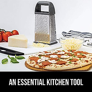Gorilla Grip Stainless Steel Box Grater, 4-Sided XL Cheese and Spice Graters with Handle, Slice, Shred, Grate Vegetables, Ginger, Potatoes, Handheld Food Shredder, Zester, Includes Container, Black