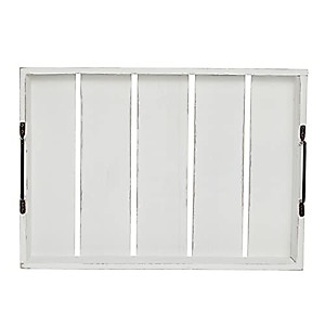 Rustic Wooden Serving Tray with Metal Handles for Coffee Table, Farmhouse Home Decor (White, 16.3 x 11.6 x 3.25 in)