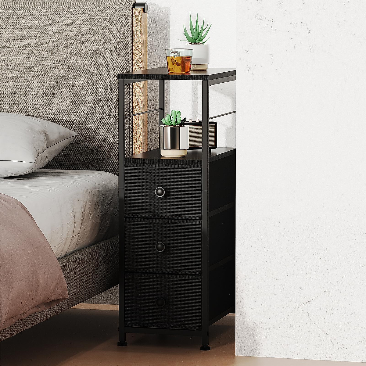 YBING Narrow Dresser, Side Table with 3 Fabric Drawers, Slim Dresser with Open Shelves, Slim Bedside Table for Bedroom, Small Spaces, Black