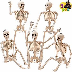 JOYIN 5 PCS Posable Halloween Skeletons 16 Inches Full Body Posable Joints Hanging Skeletons for Graveyard Decorations, Haunted House Accessories, Spooky Scene Party Favors