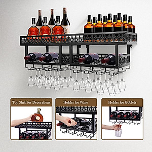 Upyouths 2 Tier Wall Mounted Wine Rack, Metal Hanging Wine Rack, Storage Shelf Glass Hanging Holder, Hanging Floating Bar Liquor Shelves, Bottle Holder Storage Shelves Glass Rack