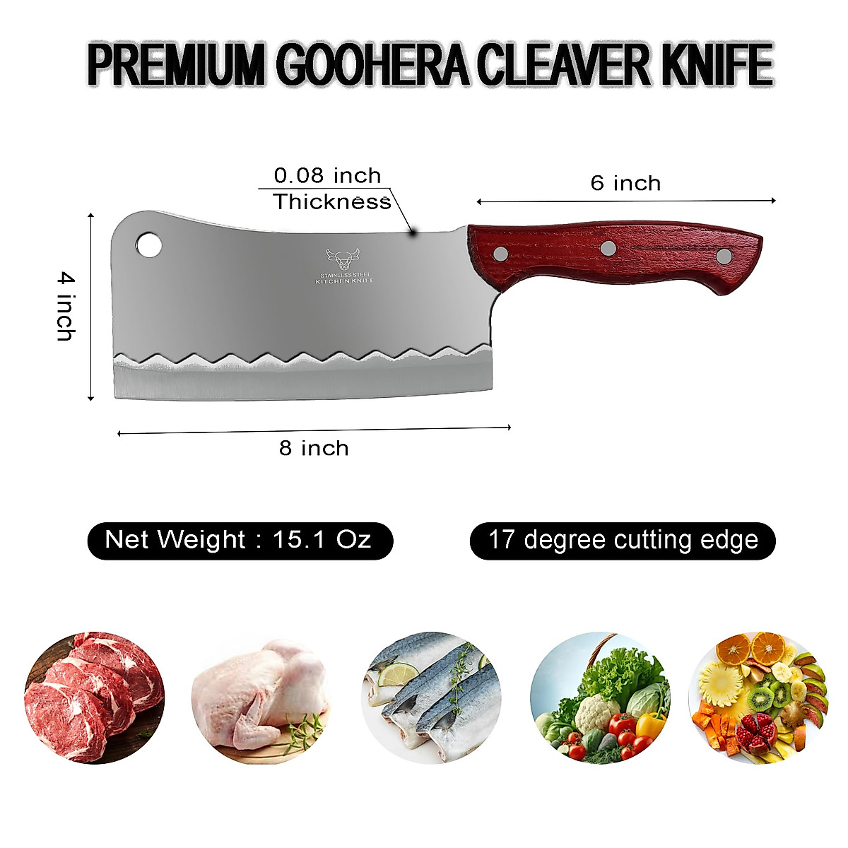 GOOHERA 8 Inch Ultra Sharp Meat Cleaver, Professional Butcher Knife with Stainless Steel and Wooden Handle for Versatile Kitchen and Restaurant Use