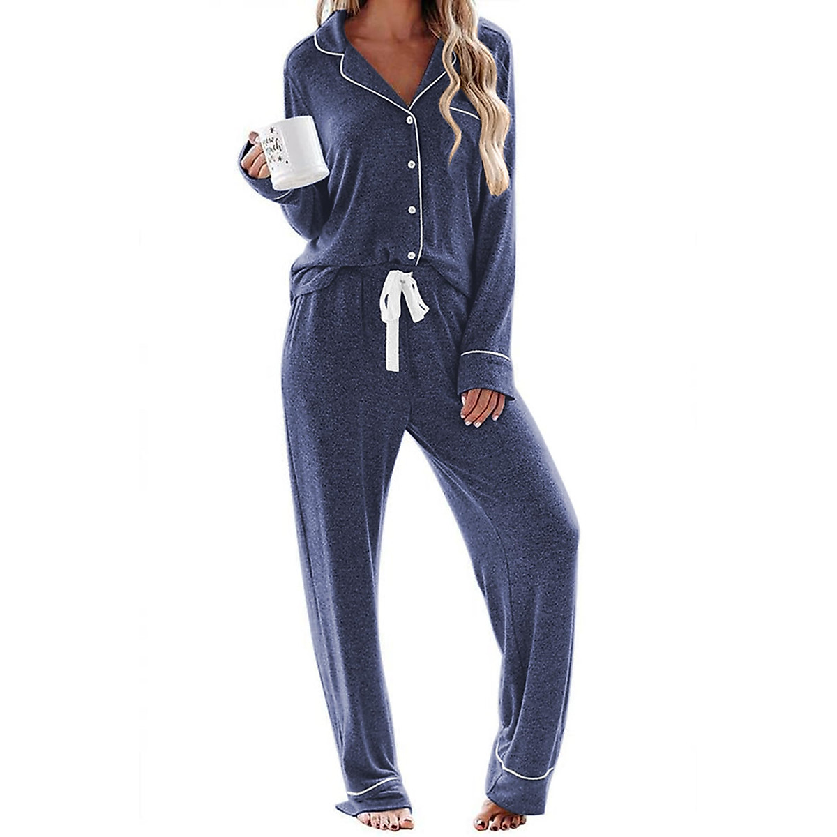 EkouaerWomen's Winter Warm Long Sleeve Sleepwear Soft Loungewear Nightwear 2 Piece Sleep Set (Dark Blue,S)