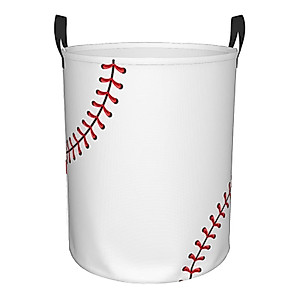 Red Stitching Baseball White Round Laundry Hamper Storage Basket Toys Clothes Organizer Bin For Home Bathroom Bedroom Dorm Nursery, 62L