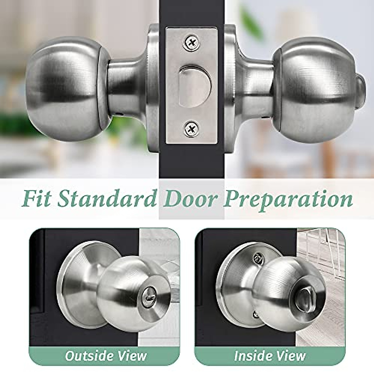 SUNTAI Exterior/Interior Ball Door Knobs with Lock and Key, for Privacy Bedroom/Entrance, Satin Nickel