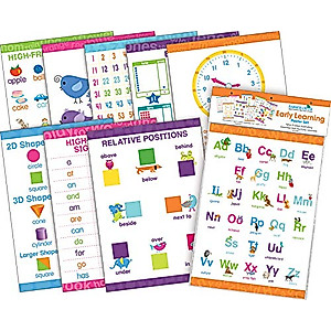 BARKER CREEK Poster Set of 9, Early Learning, 9 Posters Presenting Essential Concepts for Young Learners, Language Arts, Math, Art, Telling Time, Office, Home, & School Décor 13-3/8" x 19" (1886)
