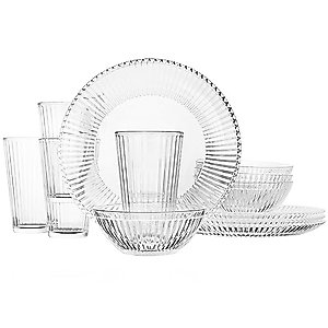 Gibson Home Clearview Stripes 12 Piece Embossed Glass Dinnerware Set
