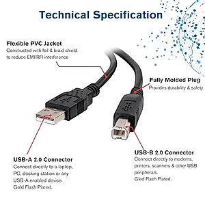 C2G USB Cable, USB 2.0 Cable, USB A to B Cable, 9.84 Feet (3 Meters), Black, Cables to Go 28103