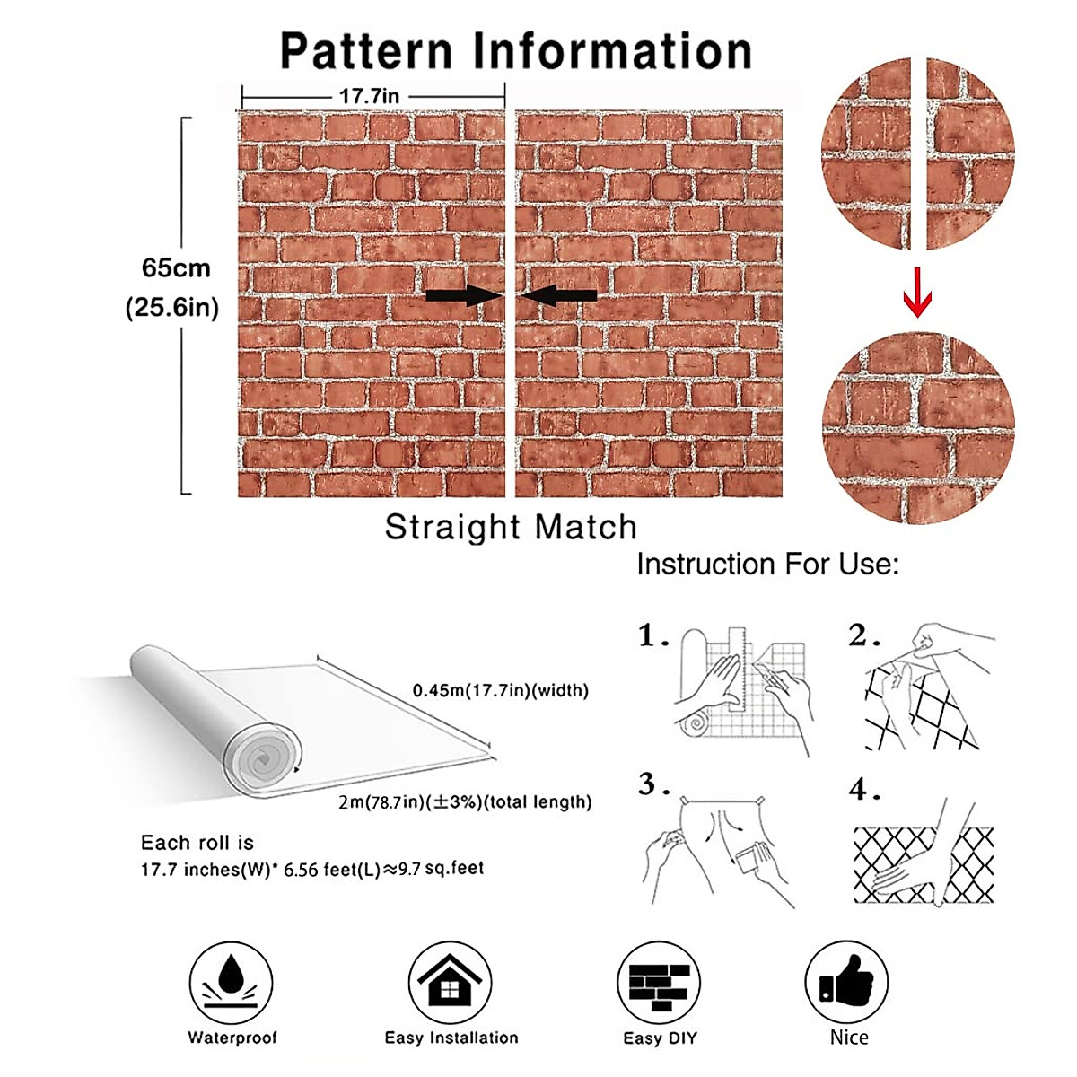 Naphite Red Brick Wallpaper Peel and Stick Removable Self Adhesive Faux Brick Wallpaper Fake Brick Stick on Wallpaper Brick Contact Paper Brick Wall Paper Textured Wallpaper Waterproof17.7×78.7 inches