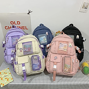 Kawaii Backpack with Bear Pendant, Aesthetic Canvas Students Schoolbag Shoulder Tote Bag Casual Daypack Back to School (Pink)