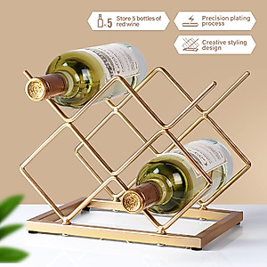 Drincarier Countertop Wine Rack - 5 Bottle Freestanding Modern Gold Metal Small Wine Rack - Tabletop Wine Holder Stand for Cabinet, Pantry, Wine Bottle Storage