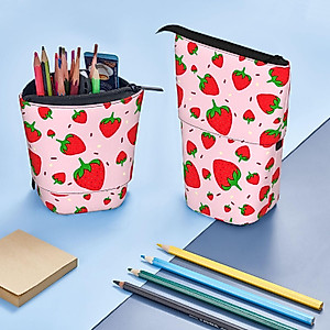 ZBDSKLEX Standing Pencil Case, Cute Pencil Case, Stationery Pen Case, Telescopic Pencil Case, Stand Up Pencil Case, Pencil Case, Pencil Pouch for Men Women (Red Strawberries)