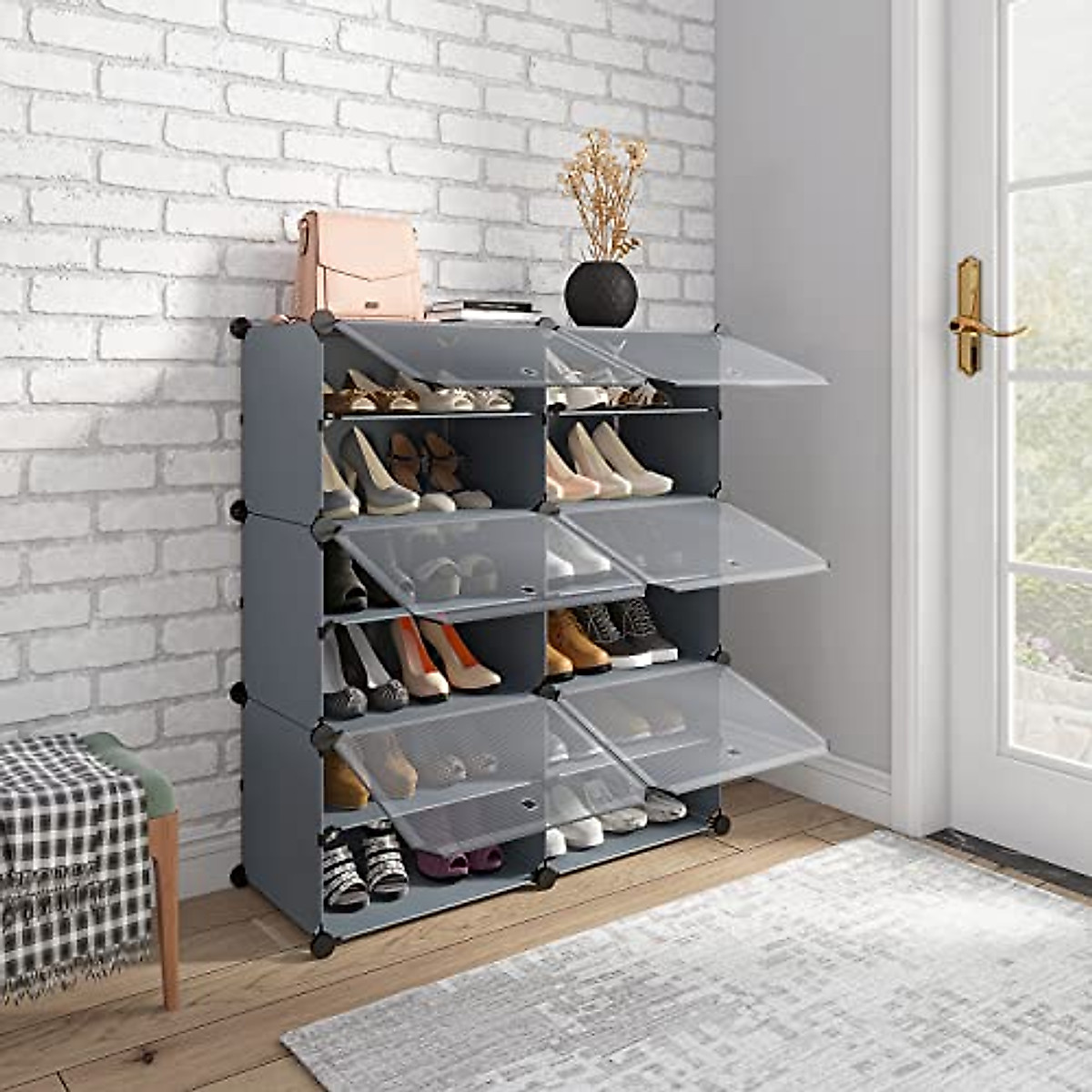 UNZIPE Shoe Rack, 8-Tier Shoe Storage Cabinet 16 Pairs Free Standing Shoe Racks Plastic Shoes Shelves DIY Cube Organizer for Closet Hallway Bedroom Entryway Garage, Dark Grey