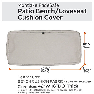 Classic Accessories Montlake Water-Resistant 42 x 18 x 3 Inch Outdoor Bench/Settee Cushion Slip Cover, Patio Furniture Swing Cushion Cover, Heather Grey, Patio Furniture Cushion Covers