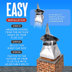 CHIMCARE Wind Directional Chimney Cap, 9" x 9” High-Grade Stainless Steel Cap for Single Flue Tile, Downdraft Prevention, USA Made