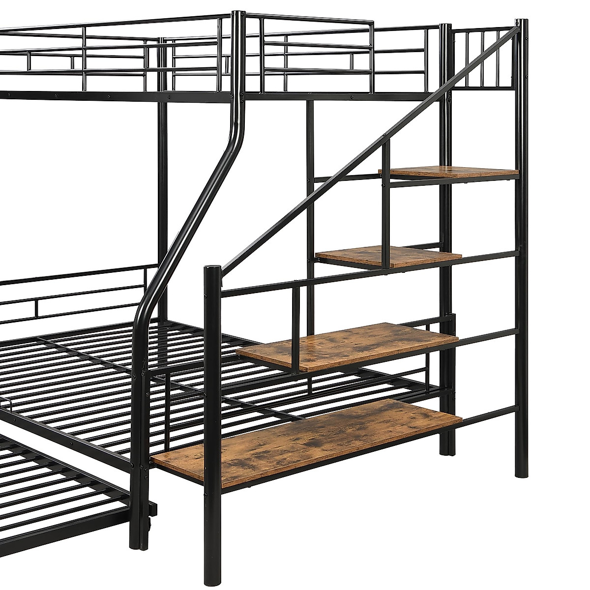 Jintop Twin Over Full Size Metal Bunk Bed with Trundle and Storage Staircase,Bedroom Heavy Duty Bed Frame W/Full-Length Guardrail,Save Space,for Kid Boy Girl Adult,Black