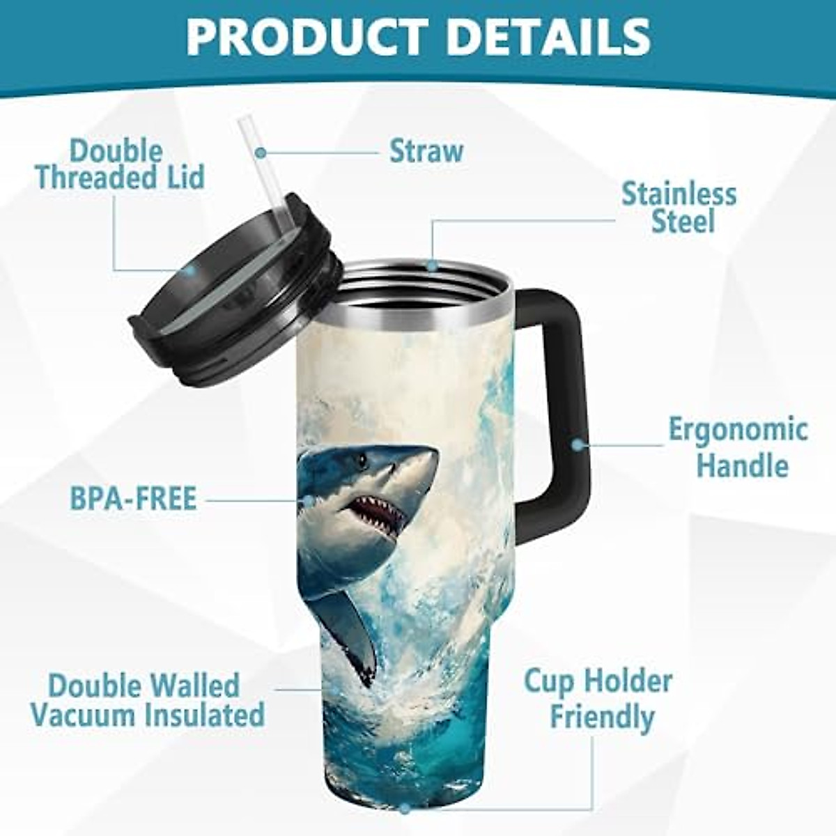 Flradish 40oz Tumbler with Handle, Shark Stainless Steel Tumbler with Lid and Straws Double Wall Vacuum Insulated Leakproof Coffee Travel Mug