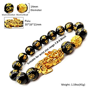 Feng Shui 14mm Black Hand Carved Mantra Beads Bracelet with 1 Golden Pi Xiu/Pi Yao and 1 Golden Mantra Bead Attract Lucky Wealthy