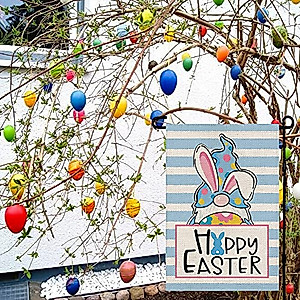 Happy Easter Gnome Garden Flag Double Sided Vertical Burlap 12×18 Inch Holiday Stripes Banners, Spring Rustic Farmhouse Yard Outdoor Decoration DF025
