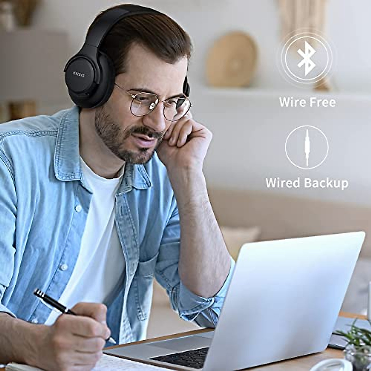KVIDIO [Updated] Bluetooth Headphones Over Ear, 65 Hours Playtime Wireless Headphones with Microphone,Foldable Lightweight Headset with Deep Bass,HiFi Stereo Sound for Travel Work Laptop PC Cellphone