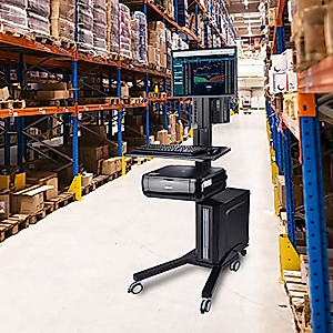 AW Rolling Computer Cart Adjustable Mobile PC Standing Workstation with Monitor Mount Keyboard Tray Printer CPU Holder Wheels for Shop Home Office Black
