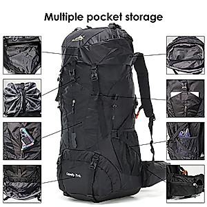 WintMing 75L Hiking Backpack with Rain Cover Waterproof Camping Backpack Shoes Warehouse for Men Women, Frameless (black)