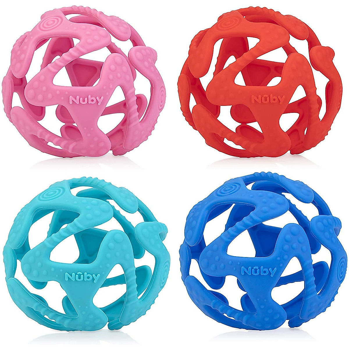 Nuby 100% Silicone Tuggy Teether Ball, 6 Months +, Colors May Vary 1 Count (Pack of 1)