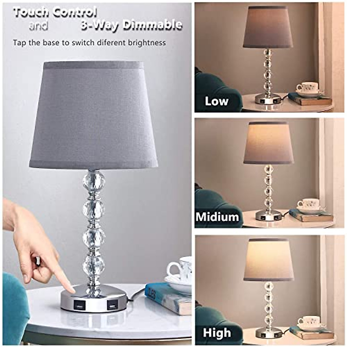 Unfusne Lamps for bedrooms Set of 3, Touch Control Table Lamp 3 Way Dimmable Nightstand Lamp with White Fabric Shade, Small Lamp