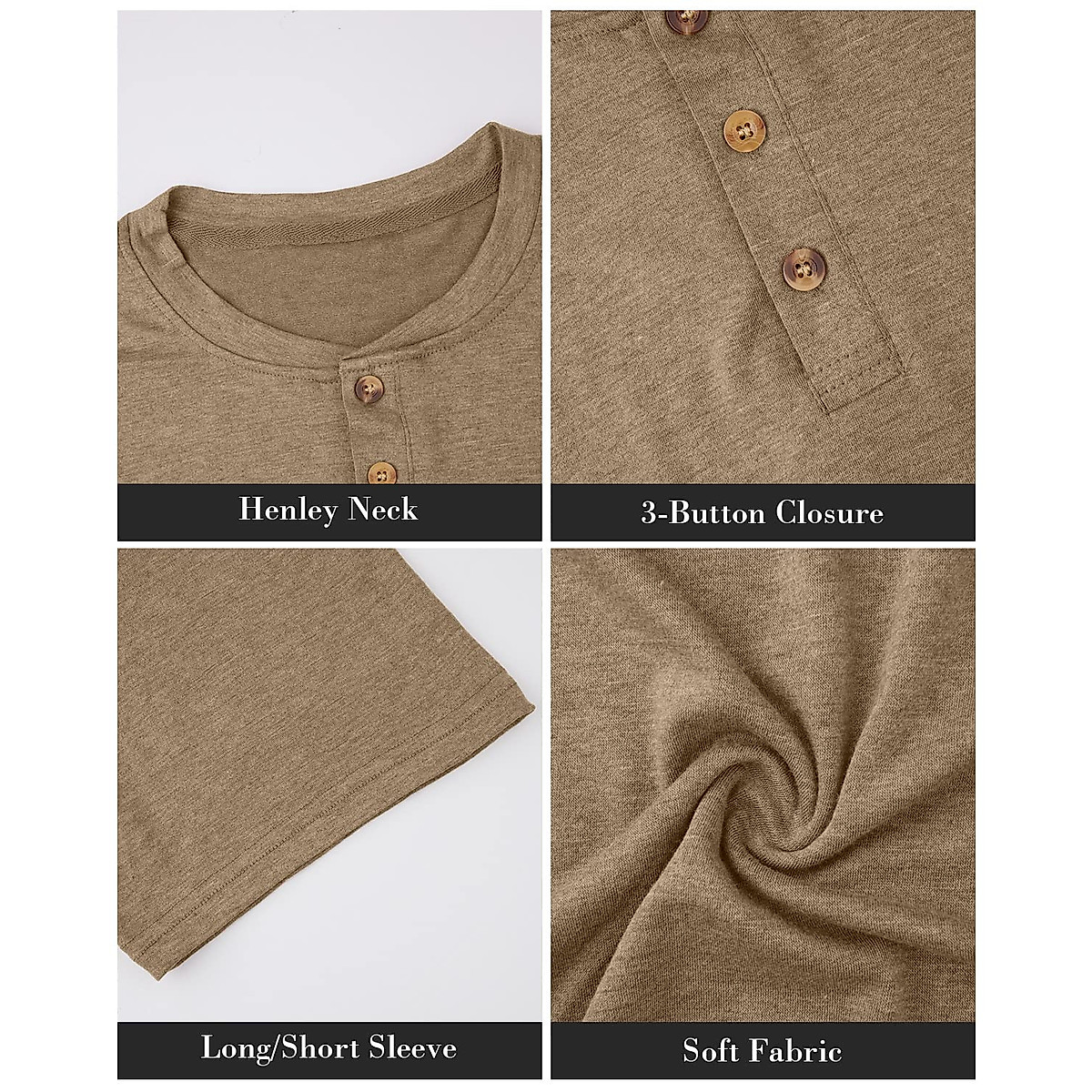 Fashion Men's Henley Shirts Classic Short Sleeve Basic Button Cotton T-Shirt with Pocket Khaki