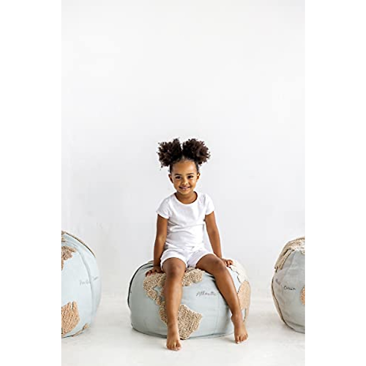 Lorena Canals USA Pouffe World Map, Light Blue, Natural, Linen, Beige, Grey, 1' 5" x Ø1' 8"