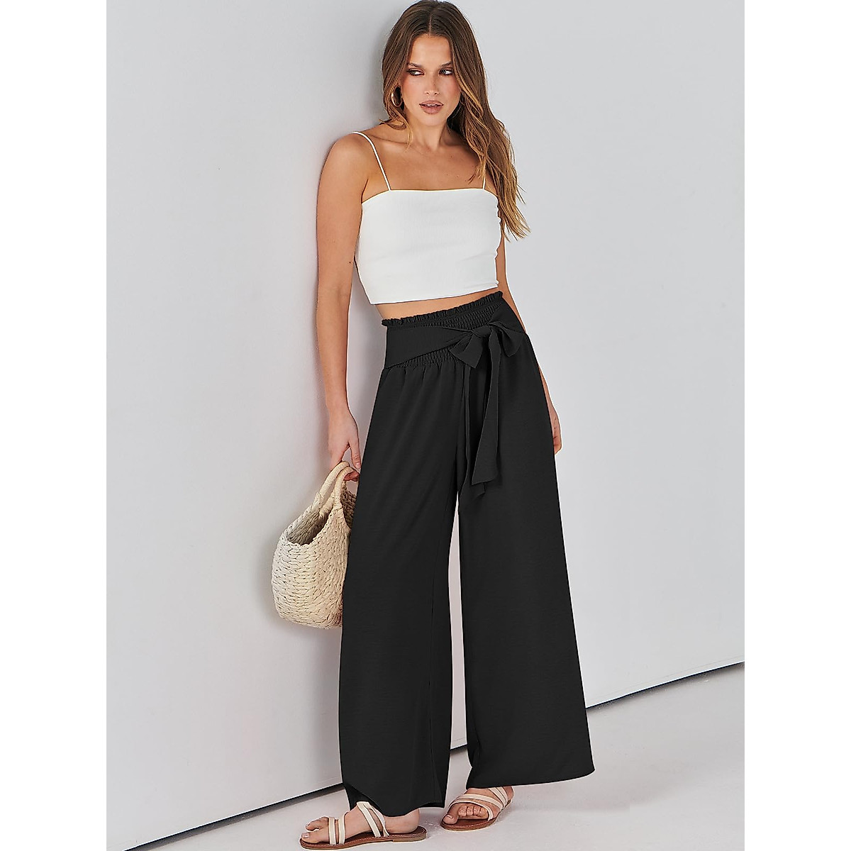Caracilia Womens Summer Fall High Waisted Flowy Work Casual Boho Palazzo Pants Wide Leg Long Lounge Pant Trousers with Pocket Business Office Elastic Waist A1206heise-XL Black,X-Large