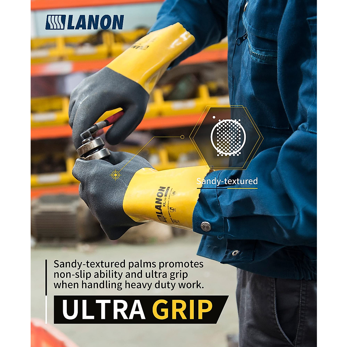LANON PVC Chemical Gloves, Thick Rubber Work Gloves, Heavy-Duty, EN 374/388, Acid, Alkali and Oil, Non-Slip, XL