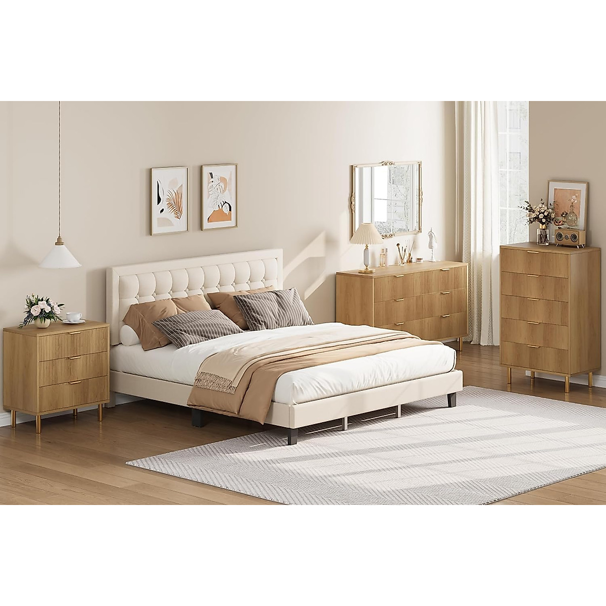 Natural Dresser, Modern 5 Drawer Dresser for Bedroom with Gold Handle and Large Drawer, Wood Double Chest of Drawers and Storage Organizer for Living Room, Hallway, Entryway