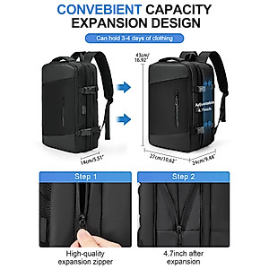 VECAVE Travel Backpack for Women Men,Carry On Backpack,Expandable Airline Airplane Approved Weekenders Backpack,Fit 15.6 Inch Laptop Waterproof 40L Travel Backpack Black