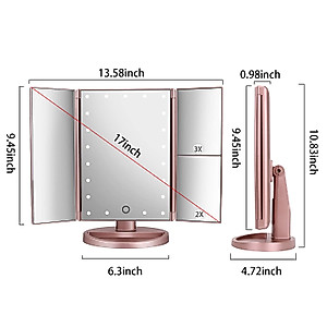 deweisn Tri-Fold Lighted Vanity Mirror with 21 LED Lights, Touch Screen and 3X/2X/1X Magnification, Two Power Supply Modes Make Up Mirror,Travel Mirror
