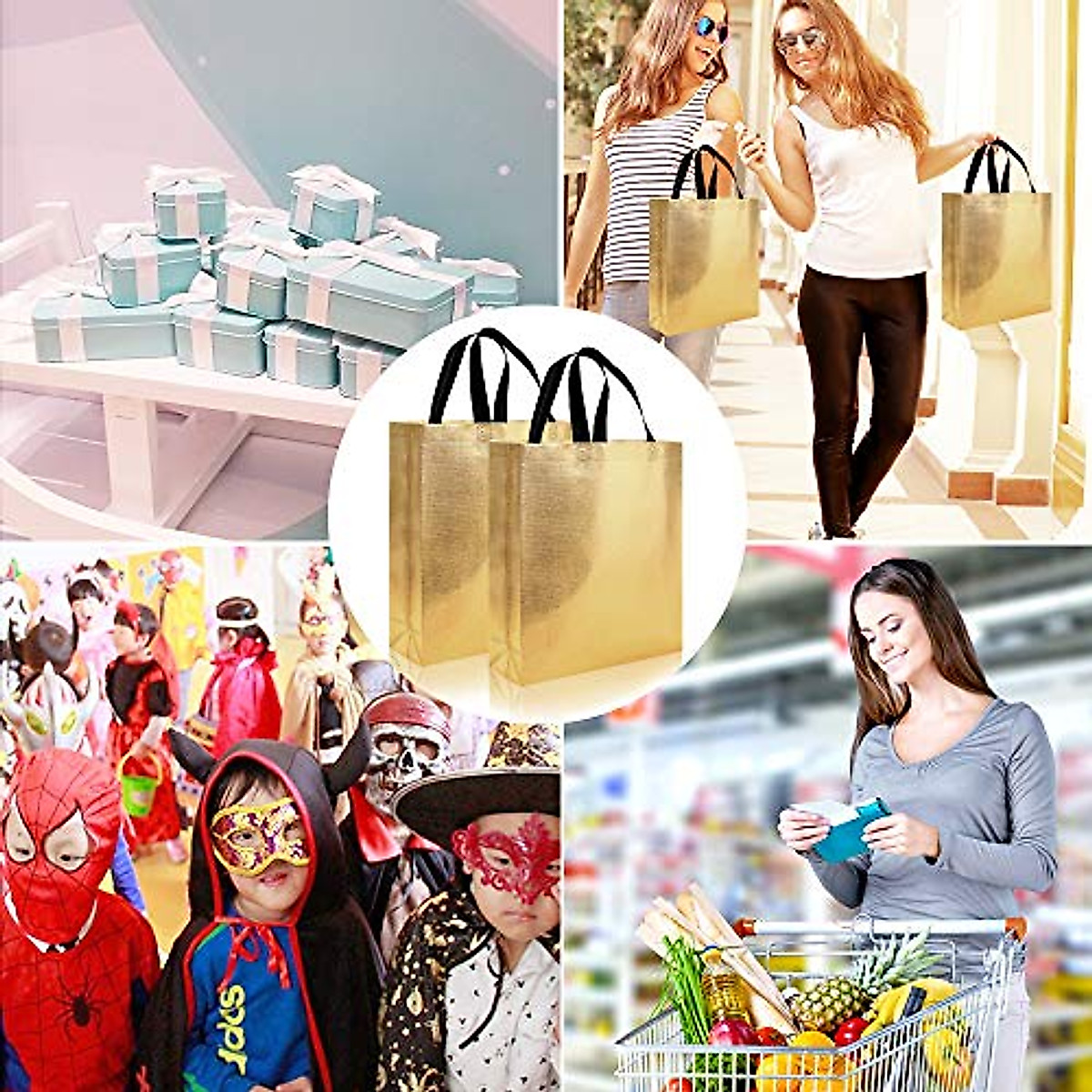 M&C Music Color 16pcs Glossy Reusable Grocery Shopping Bag Tote Bag with Handle Present Bag Gift Bag
