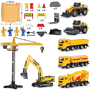 iPlay, iLearn Construction Site Vehicle Toy, Kids Engineering Play Truck Set, Tractor Digger Crane Dump Excavator Cement Steamroller, Birthday Stocking Stuffer Gift 3 4 5 Year Old Toddler Boy Children
