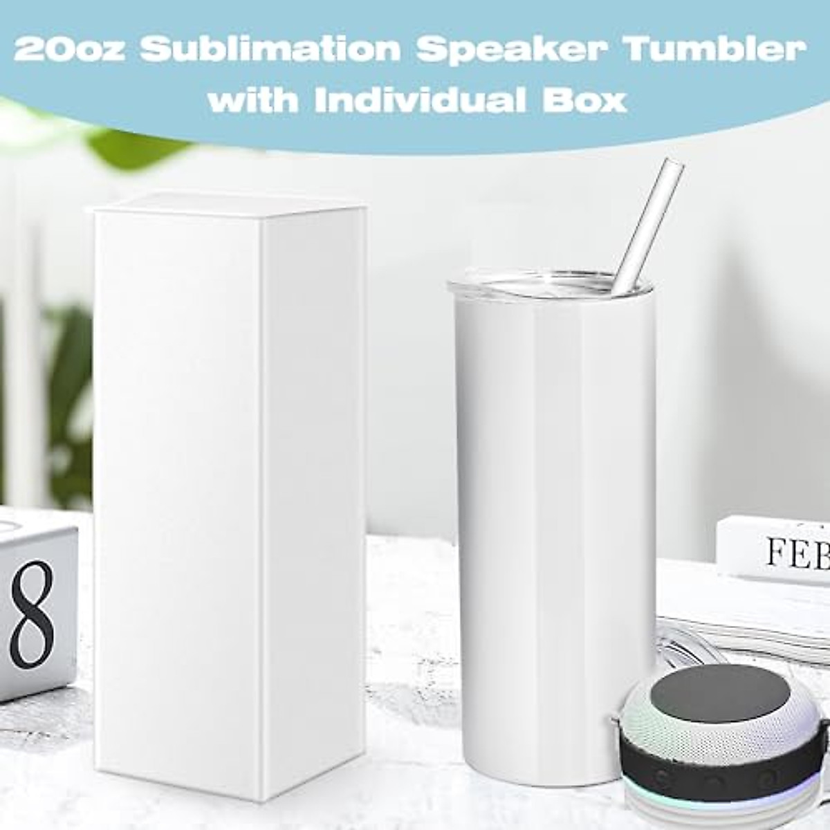 Icesip 12 Pack Music Speaker Tumbler, 20 oz Sublimation Tumbler Skinny Straight Double Wall Cup with Straw Lid & USB Charging Cable 6 Colors