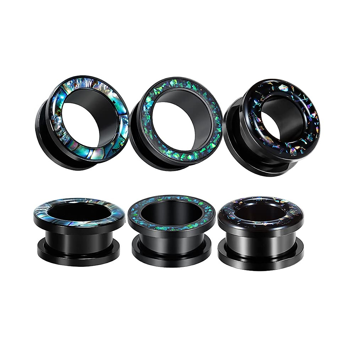 TBOSEN 6PCS Set Black Fashion Screw Fit Ear Tunnels Plugs Gauges Stainless Steel Expander Stretcher Piercing Jewelry 0g-1" in 8mm-25mm(0g)